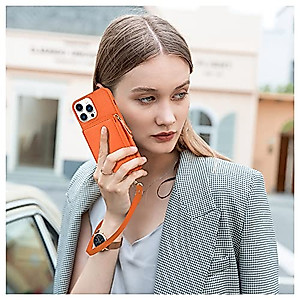 ZVE for iPhone 13 Pro Wallet Case Crossbody, Zipper Phone Case with RFID Blocking Card Holder Wrist Strap Purse Cover Gift for Women Carrying Compatible with iPhone 13 Pro (6.1 inch, 2021)-Orange