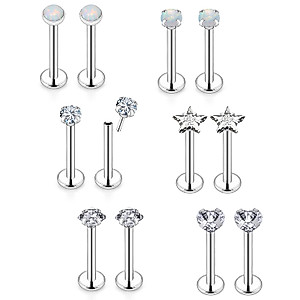 18G Threadless Push in Lip Rings Stainless Steel Labret Jewelry Monroe Lip Rings Nail Cartilage Tragus Helix Earrings Studs Nose Ring Medusa Piercing Jewelry For Women Men CZ Opal 18 Gauge 6MM Length