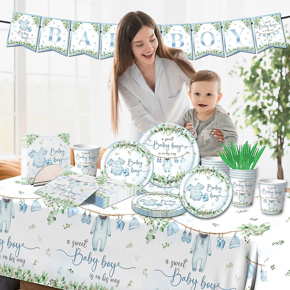Greenery Baby Shower Tableware Set,Watercolor Blue Boy Baby Shower A Sweet Boy Is On His Way Plates and Napkins Sets Include Plates Napkins Cups Tablecloth for Boy Baby Shower Gender Reveal Supplies