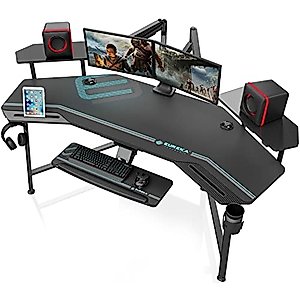 EUREKA ERGONOMIC Gaming Desk with Led Lights, 72" Large Wing-Shaped Studio Desk W Keyboard Tray Monitor Stand Dual Headphone Hanger Cup Holder for Live, Streamer