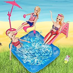 Deluxe Doll Pool Play Set, Doll Glam Pool with Slide&Dolls Accessories&Beach Umbrella&Chair, Suitable for Dolls Up to 12 Inch, Kids Gifts for 3 to 7 Year Olds Girls, Bath Toys for Toddlers