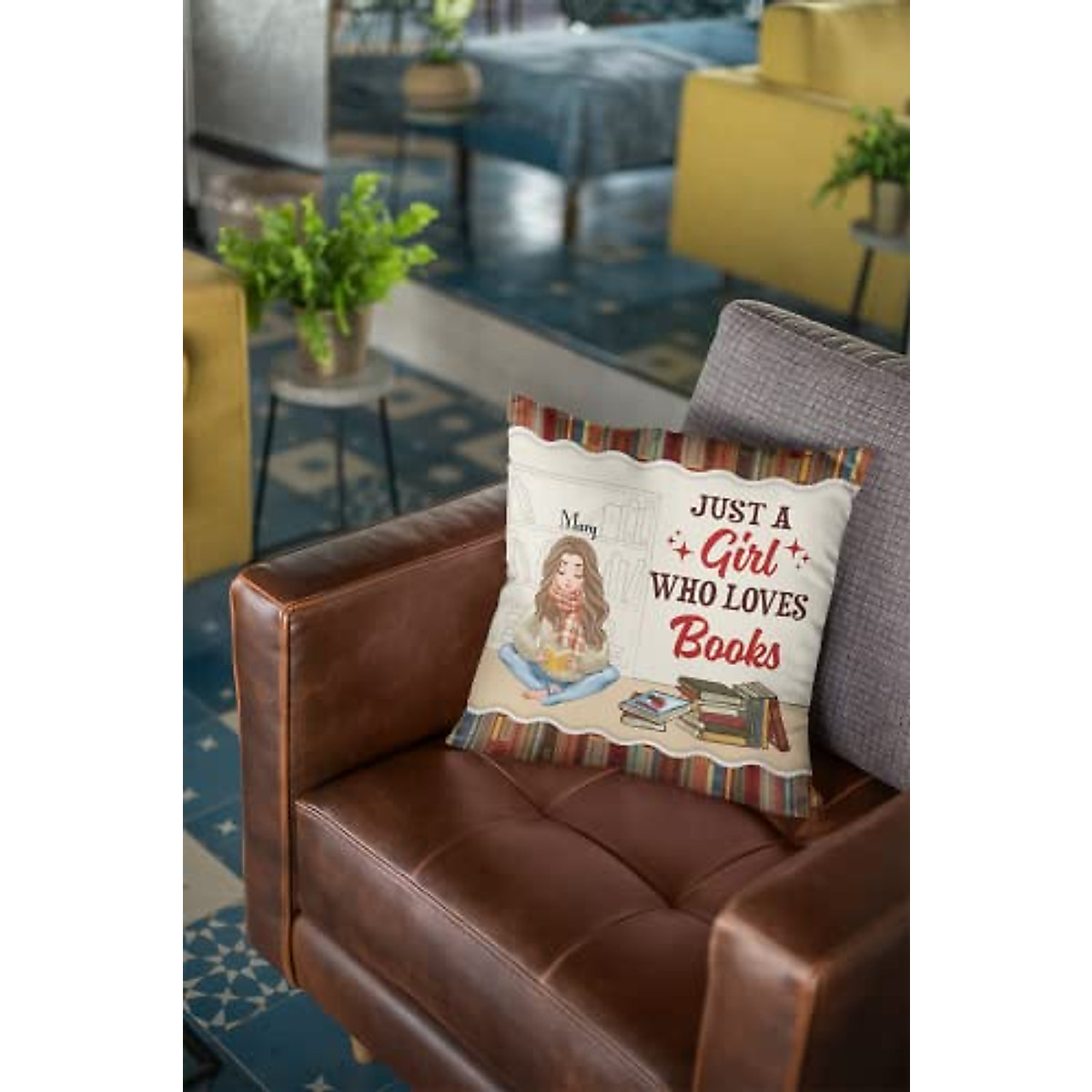 Nimo Personalized Girl & Books Pillow Customize Clothes Skin Tone & Hairstyle Gift for Book Lover Bookworm Meaningful Gift for Friends Birthday Gift Couch Sofa Decor Just A Girl Who Loves Books