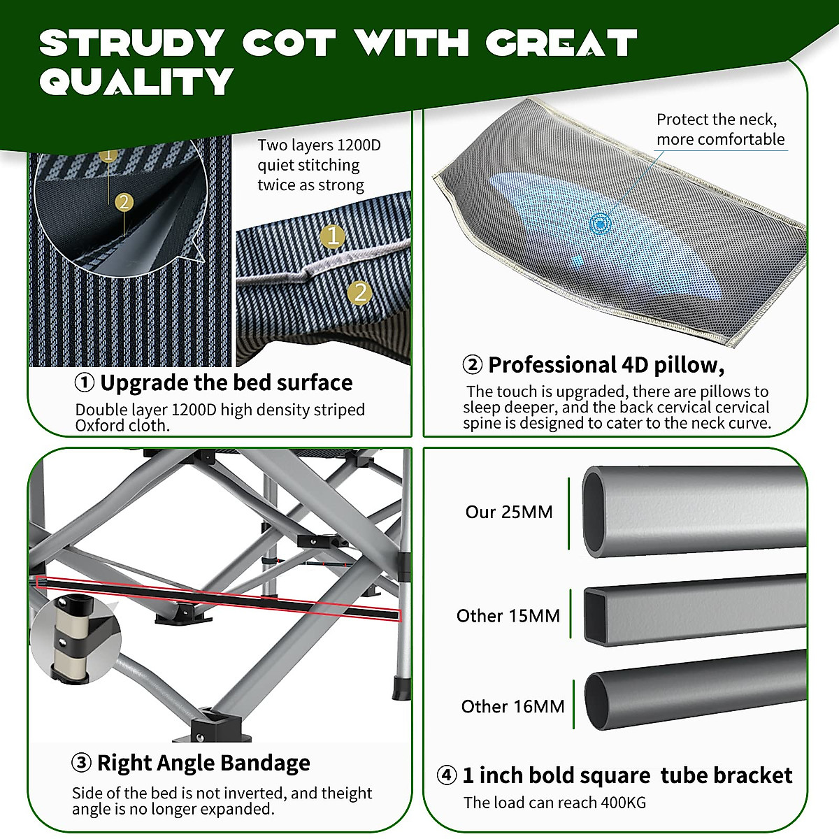 NAIZEA Folding Camping Cots for Adults, Folding Cot with Mattress Camping Bed Camp Cot Portable Military Cot, Double Layer Oxford Strong Heavy Duty Sleeping Cots with Carry Bag for Camp Office Use