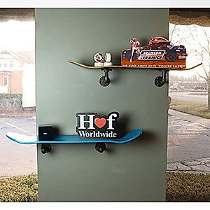 Floating Industrial Style Skateboard Deck Shelf with Pipe Mounting System – Custom Made Indoor Skate Shelving - Maple Wall Mount - 7.75" Stained Green Bottom