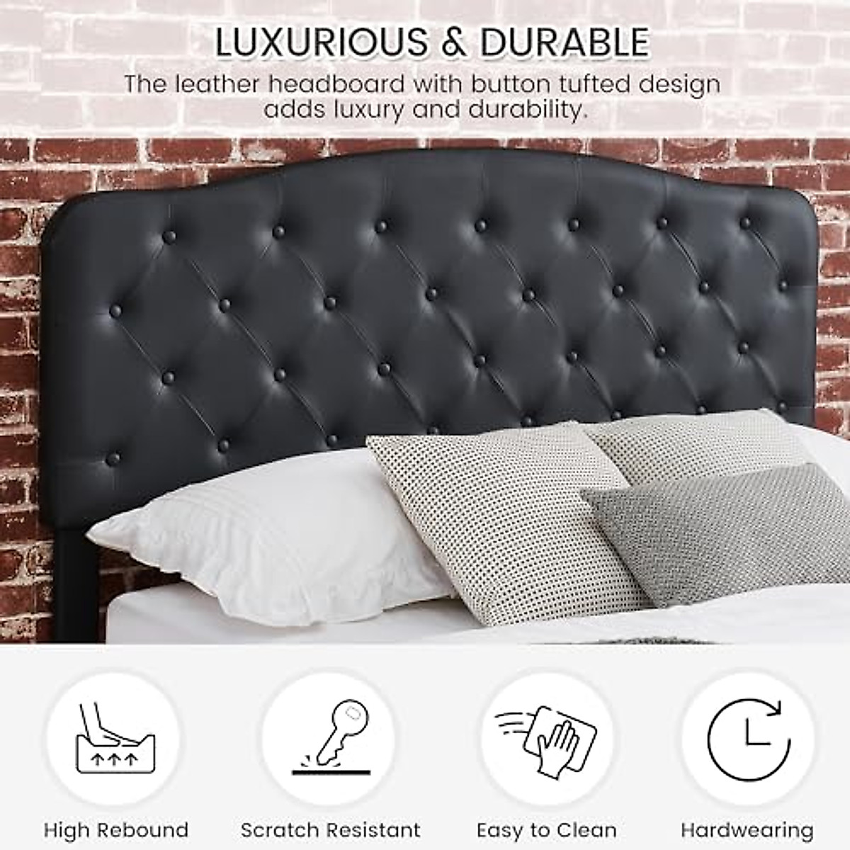 GAOMON Queen Size Platform Bed Frame with Button Tufted Headboard, Faux Leather Upholstered Mattress Foundation, Wooden Slat Support, No Box Spring Needed, Black