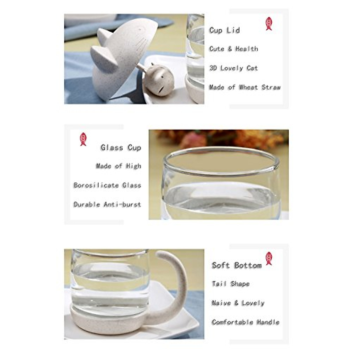 JEWOSTER Cute Cat Glass Cup Tea Mug With Fish Tea Infuser Strainer Filter