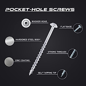 Massca Pocket-Hole Screw Self-Tapping Zinc Plated Screw – 1”, 1-1/4” Fine-Thread & 1”, 1-1/4”, 1-1/2”, 2”, 2-1/2” Coarse-Thread Washer Head Wood Screws. (2-1/2" Coarse)