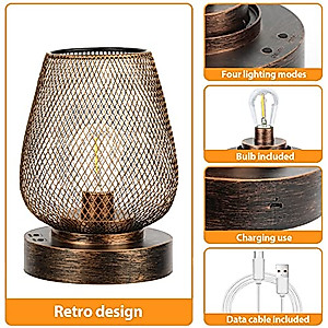 UBright Table Lamp Metal Cage LED Lantern Rechargeable with 4 Lighting Mode Cordless Lamp Decorative Light Outdoor Table Lamps for Patio Bedroom Living Room Indoors Outdoors (Bulb Included) (1 Pack)