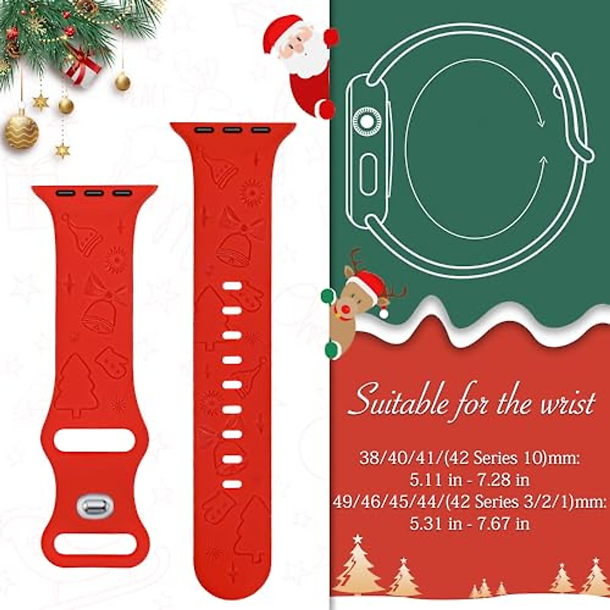 Christmas Gifts Compatible with Christmas Apple Watch Band for Women 42mm(Series 10) 41mm 40mm 38mm, Adjustable Soft Silicone Santa Claus Snowflake Band for iWatch Bands Series 10/9/8/7/6/5/4/3/2/1/SE