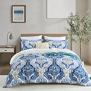 Uniclinens Damask Duvet Cover Queen - Blue Painting Duvet Cover Set, 100% Cotton Queen Size Set with Zipper Closure and 8 Ties, 1 Duvet Cover (90”x 90”) & 2 Pillow Shams (20“x 26”), No Comforter