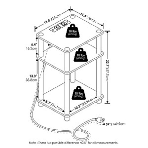 Furinno Just 3-Tier Turn-N-Tube Open Storage Side Table, End Table with USB and Type-C Charging Station, Amber Pine/Black
