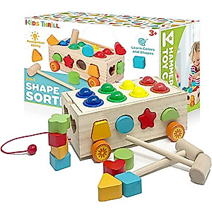 KIDSTHRILL 22 Pcs Set Wooden Shape Sorter Toy for Toddlers, & Pound A Ball Toy 12 Shapes 8 Balls 2 Hammers Montessori Gift Toys for 2 3 4 Years Old Boys & Girls Fine Motor Skills Toddler Toy