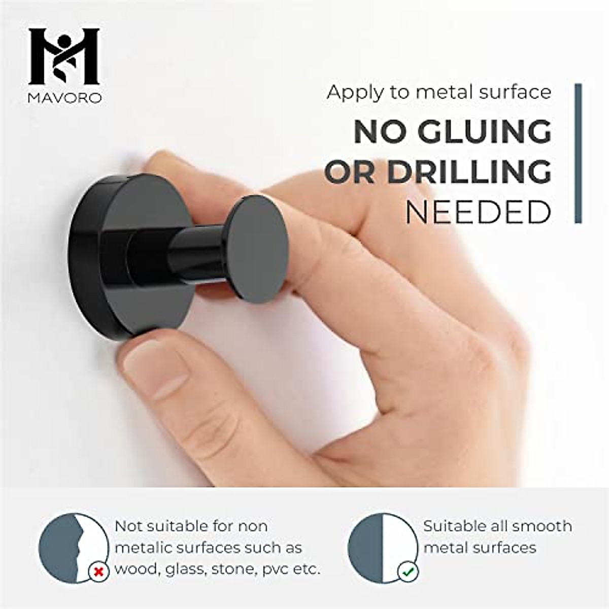 Mavoro Strong Magnetic Hooks for Hanging Coats and Bags. Set of 4 Black Magnet Hooks Heavy Duty Magnets, Neodymium 52 Rare Earth Magnets. Push Pin Style Magnet Hook for Refrigerator, Locker etc