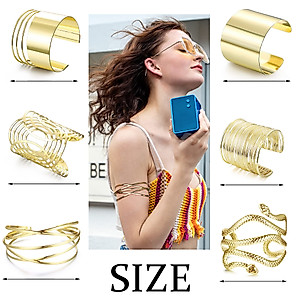JeryWe 6 Pcs Upper Arm Cuff Jewelry for Women Armband Cuff Bangle Bracelet Set Adjustable Open Armlet Coil Wrap Bracelet Costume Jewelry Gold Silver Tone