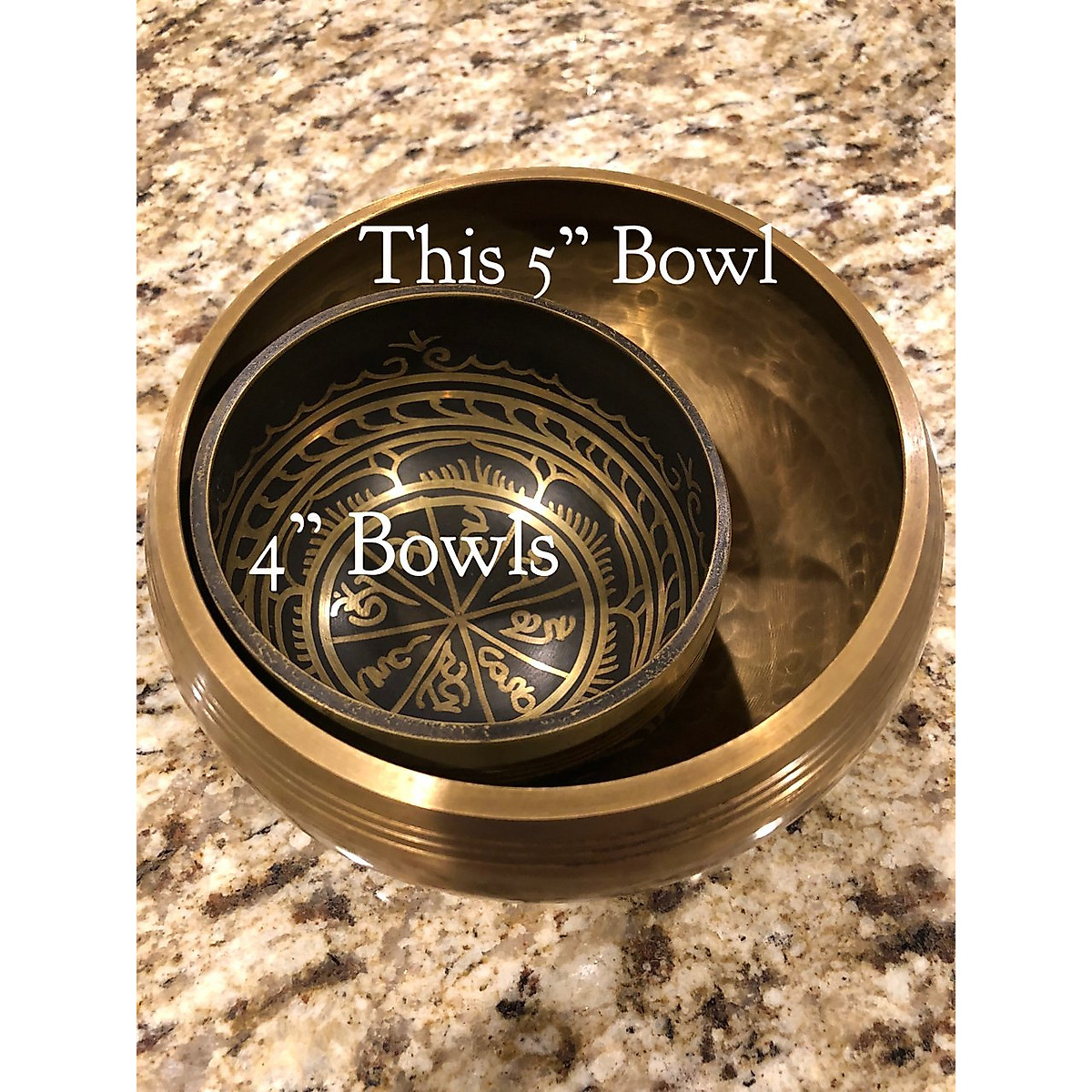 5 Gold Tibetan Meditation Yoga Singing Bowl Set (Large) ~Live Fully Now ~ Tuned to B ~ Hand Hammered Antique healing bowl design ~Wood Striker ~ Himalayan bowl for Meditation, hand yoga, and Chakra