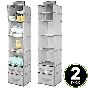mDesign Soft Fabric Over Closet Rod Hanging Storage Organizer with 7 Shelves and 3 Removable Drawers for Child/Kids Room or Nursery - Herringbone Print, 2 Pack - Gray