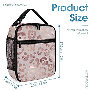 MINBHEBYUD Leopard Skin Rose Gold Lunch Bag for Men Women, Insulated Lunch Bags for Office Work, Reusable Portable Lunch Box