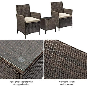 JUMMICO 3 Pieces Patio Furniture Sets Outdoor Patio Chairs set of 2 PE Rattan Wicker Chairs with Table for Garden Porch Lawn Poolside(Brown/Beige)