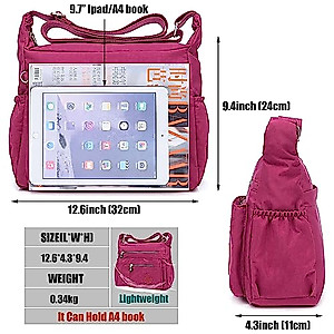 SHIFANQI Crossbody Bag for Women, Multi Pockets Waterproof Nylon Shoulder Handbag, Fashion Travel Crossbody Purse, Lightweight Purse for Women (Purplish Red)