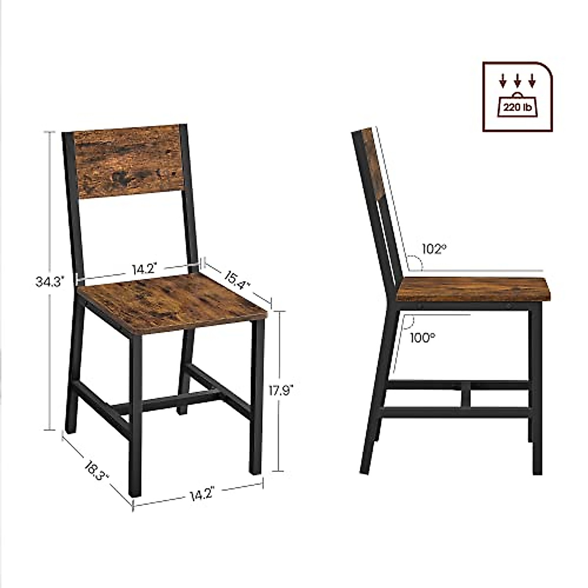 VASAGLE Dining Chair Set of 2, Rustic Wood Chairs with Metal Steel Frame, Easy to Assemble, Stable, Comfortable Seat, Modern Farmhouse Chair for Kitchen, Bedroom, Living Room, Rustic Brown and Black