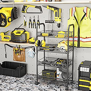 DEVO 4 Tier Metal Mesh Rolling Cart, Storage Organizer cart with 4 Side Hooks, Utility Carts with Lockable Wheels, for Home Kitchen Office Classroom (Black 1)