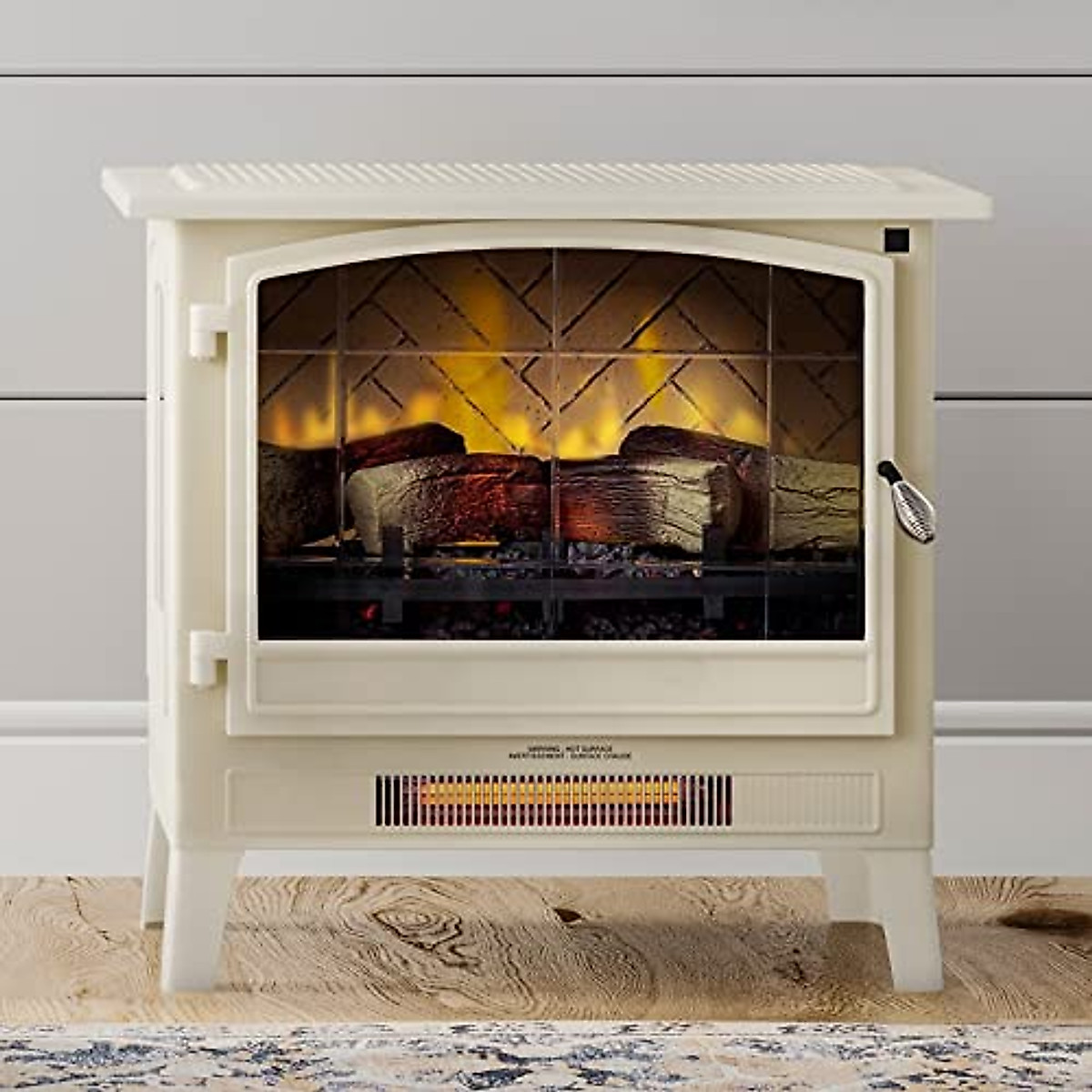 Country Living Infrared Freestanding Electric Fireplace Stove Heater in Cream | Provides Supplemental Zone Heat with Remote, Multiple Flame Colors, Metal Design with Faux Wooden Logs