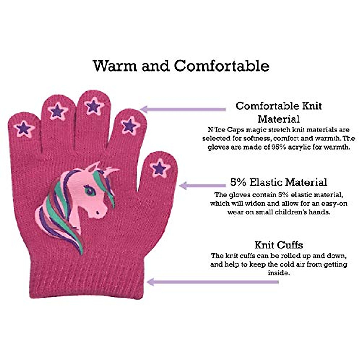 N'Ice Caps Kids Magic Stretch Gloves Mitten 3 Pairs Toddler Boys Girls Winter (Unicorns - Pink/Purple/Fuchsia, 3-5 Years)