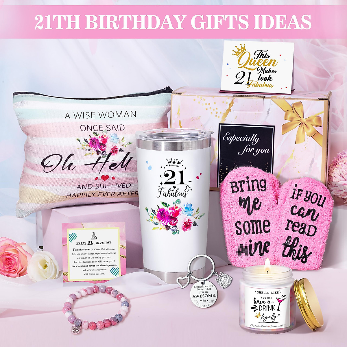 21st Birthday Gifts for Her Women,Happy 21st Birthday Basket Gifts Box for Her Daughter Sister Girlfriend,Tumblers Gifts Set for 21 Year Old Women,Funny 21 Birthday Gifts Ideas