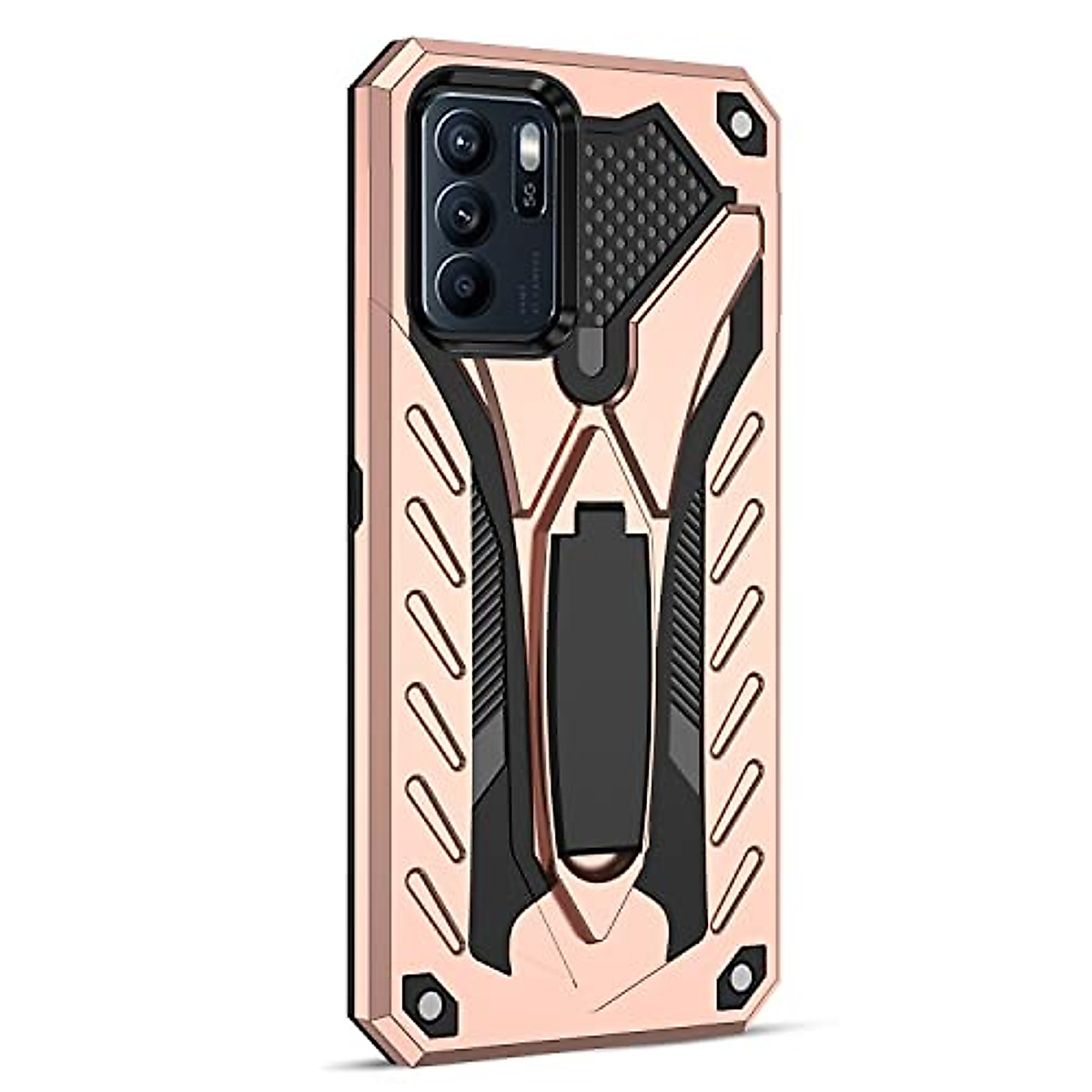 AMAAE Phone Case Compatible with Oppo Reno 6 Pro(5G),Military Grade Strong Two Layer PU+TPU Hybrid Full Body Case,Bracket Protective Dustproof Shockproof Cover (Color : Rose Gold)