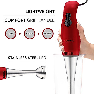 Courant 2-Speed Hand Blender w/ 200W, Stainless Steel Leg, Easy to Clean Stick Blender, Blends Purees, Smoothie, Crushes Ice - Red