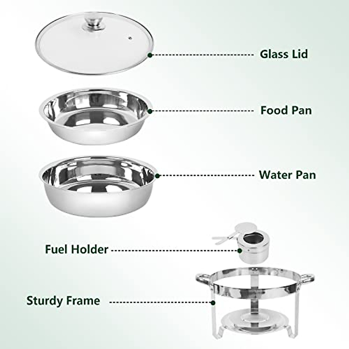 IMACONE Chafing Dish Buffet Set 4 Pack, 5QT Round Stainless Steel Chafer for Catering in Glass Lid, Chafers and Buffet Warmer Sets w/Food & Water Pan, Lid, Frame, Fuel Holder for Event Party Holiday