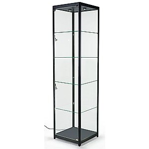 Displays2go Glass Showcase Towers, Tempered Glass Shelves, LED Lighting – Clear, Black (LESC5578BK)