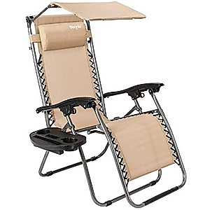Bonnlo Zero Gravity Chair with Canopy Shade Patio Sunshade Lounge Chair, Folding Chair with Canopy Reclining Canopy Chairs with Cup Holder and Headrest for Beach Garden (Khaki)