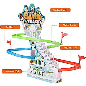 Liberty Imports Musical Penguin Orbit Chasing Race Track Game Set - Playful Roller Coaster Playset with LED Flashing Lights and Music On/Off Button for Toddlers and Kids