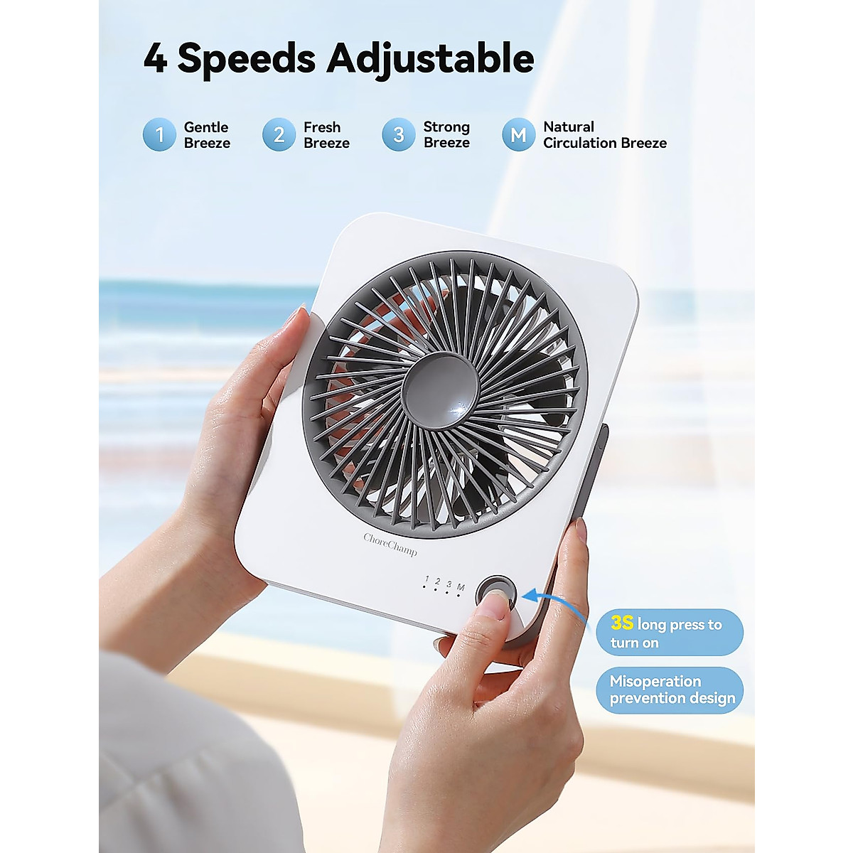 ChoreChamp Rechargeable Fan Portable,4000mAh USB Small Desk Fan with 4-Speed Strong Airflow, Hangable Ultra-thin Folding Camping Fan for Travel, Office, and Home Use