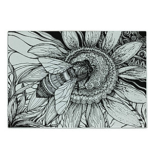 Lunarable Nature Cutting Board, Bee on a Flower Honey Floral Mother Earth Phase Wildlife Digital Print Art, Decorative Tempered Glass Cutting and Serving Board, Large Size, Black White