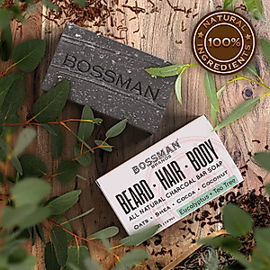 Bossman Men’s Bar Soap 4-in-1 – All Natural Organic Beard Wash, Shampoo, Body Wash, Shaving and Bath Soap - Essential Beard Care (4oz), Scent- Eucalyptus and Tea Tree