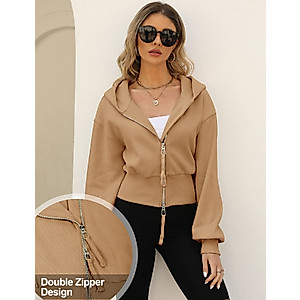 Arssm Cropped Hoodie Women Long Sleeve Sweatshirts Casual Fashion Hooded Zip up Workout Jacket with Thumb Holes(Khaki-L)