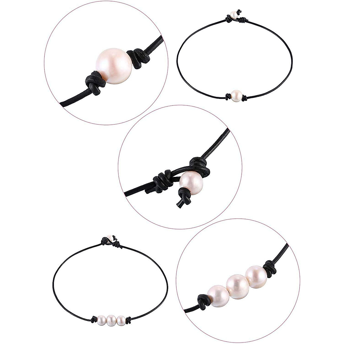 MauSong 2 Pieces Single Freshwater Pearl Necklace and 3 Freshwater Pearl Beads Choker on Black Leather Cord for Women
