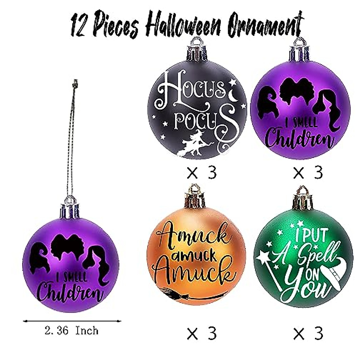 12 Pieces Halloween Ornaments for Tree Hocus Pocus Ornaments for Tree Colorful Shatterproof Plastic Ball Ornaments Halloween Indoor Decorations