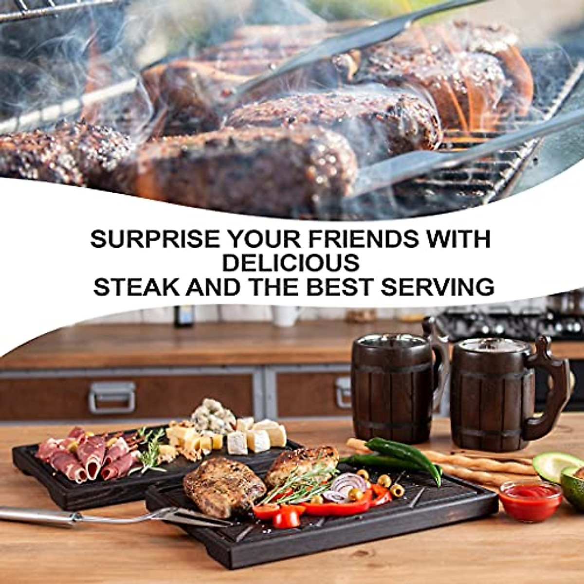 Wooden Steak Board Solid Oak Serving Barbecue Platter Natural Thick Cutting Plate Durable & Quality (Large)