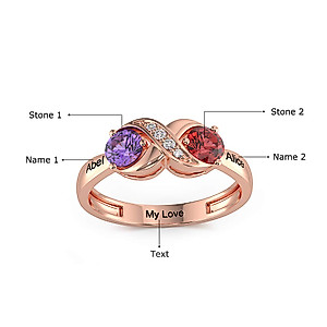 Personalized Infinity Mothers Ring with 2 Round Simulated Birthstones Custom Engraved Engagement Promise Rings for Women (rose gold, 8)