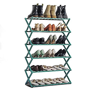 MoNiBloom Folding Shoe Rack for Entryway, Bamboo 6 Tier Stackable Installation-Free Shoe Storage Cabinet for 21-25 Pairs For Boots Heels Sandals Slippers, Green