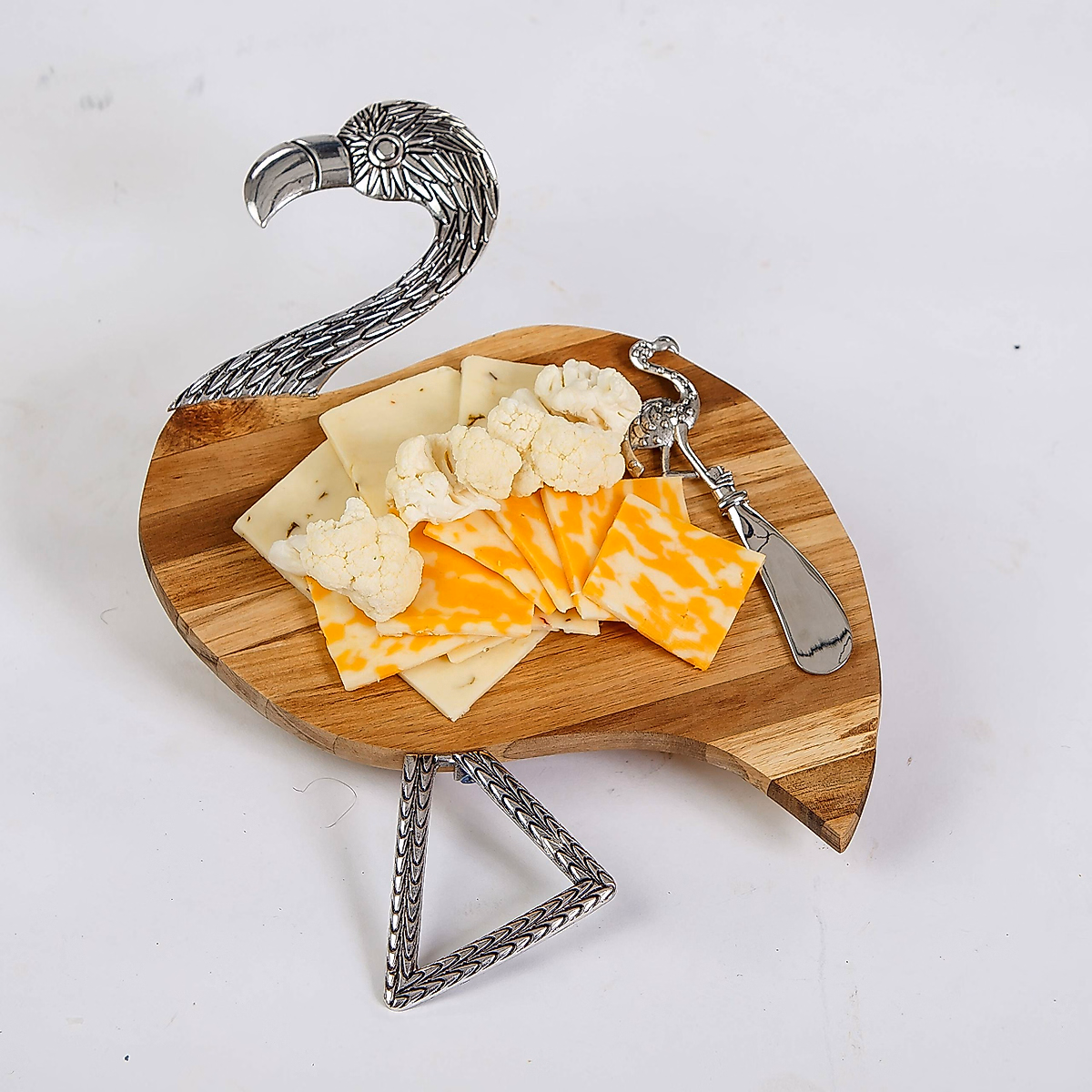 Flamingo Design Acacia Wood Cheese & Serving Board with Matching Cheese Knife by Picnic Plus (Flamingo)