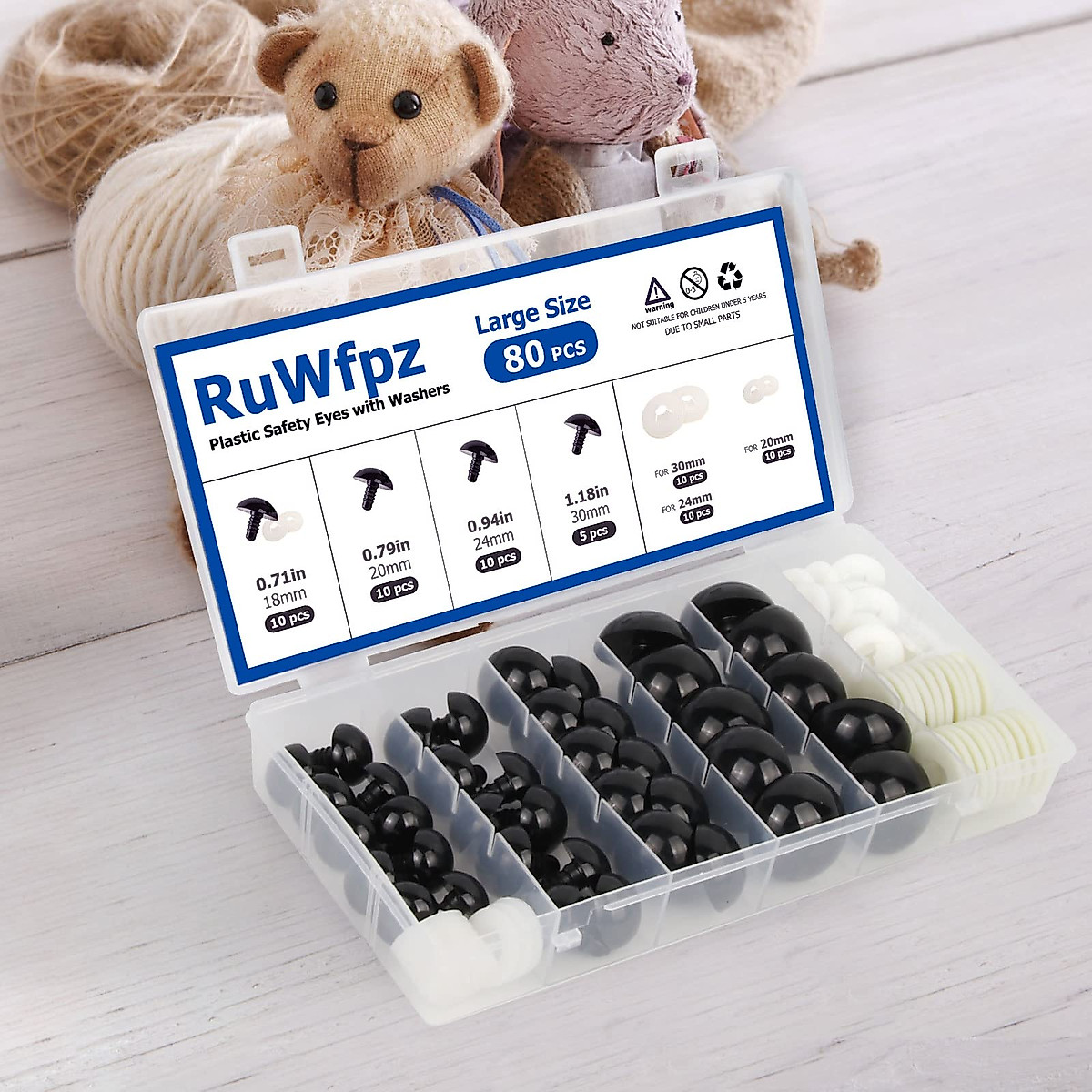 Large Safety Eyes for Amigurumi Crochet 18-30mm - RuWfpz 4 Sizes Stuffed Animal Eyes with Washers, 80Pcs Black Plastic Crochet Safety Eyes for Crafts Doll Bear Plush Animal