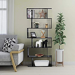 SILKYDRY 6 Tiered Geometric Bookcase, Unique S-Shaped Bookshelf, Tall Standing Room Divider Bookcases, Versatile Decorative Display Shelf for Bedroom Living Room Home Office (1, Black)
