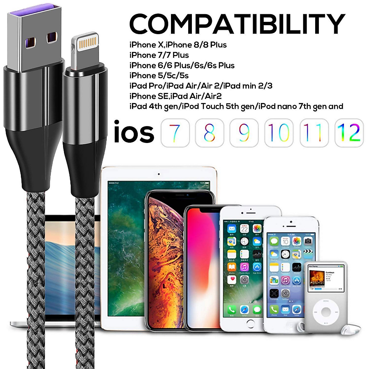 FEEL2NICE iPhone Charger Cable (3 Pack 10 Foot), [MFi Certified] 10 Feet Nylon Braided Lightning Cable, iPhone Charging Cord USB Cable Compatible with iPhone 11/Pro/X/Xs Max/XR/8 Plus /7 Plus/6/ iPad