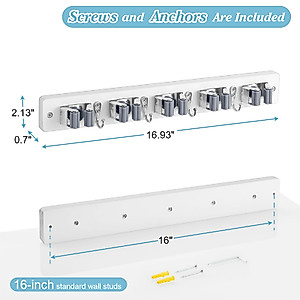 White Broom Holder Wall Mount - Heavy Duty Wood Mop and Broom Organizer with 5 Slots & 4 Hooks - Garden Tool Hanger for Laundry Room Closet Kitchen Garage Storage and Organization - Modern Home Decor