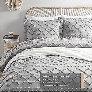 Codi Twyla Tufted Boho Duvet Cover Full/Queen Size, Grey Microfiber Bedding Set for All Seasons, Embroidery Shabby Chic Comforter Covers with Zipper, 3-Pieces Including Matching Pillow Shams(90"x 90")