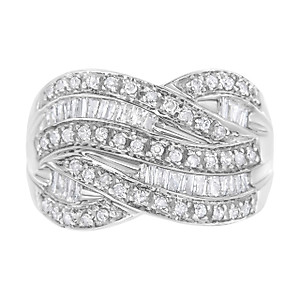 Haus of Brilliance .925 Sterling Silver 1.0 Cttw Channel Set Alternating Round and Baguette Diamond Cross-over Bypass Ring Band (I-J Color, I2-I3 Clarity) - Size 6